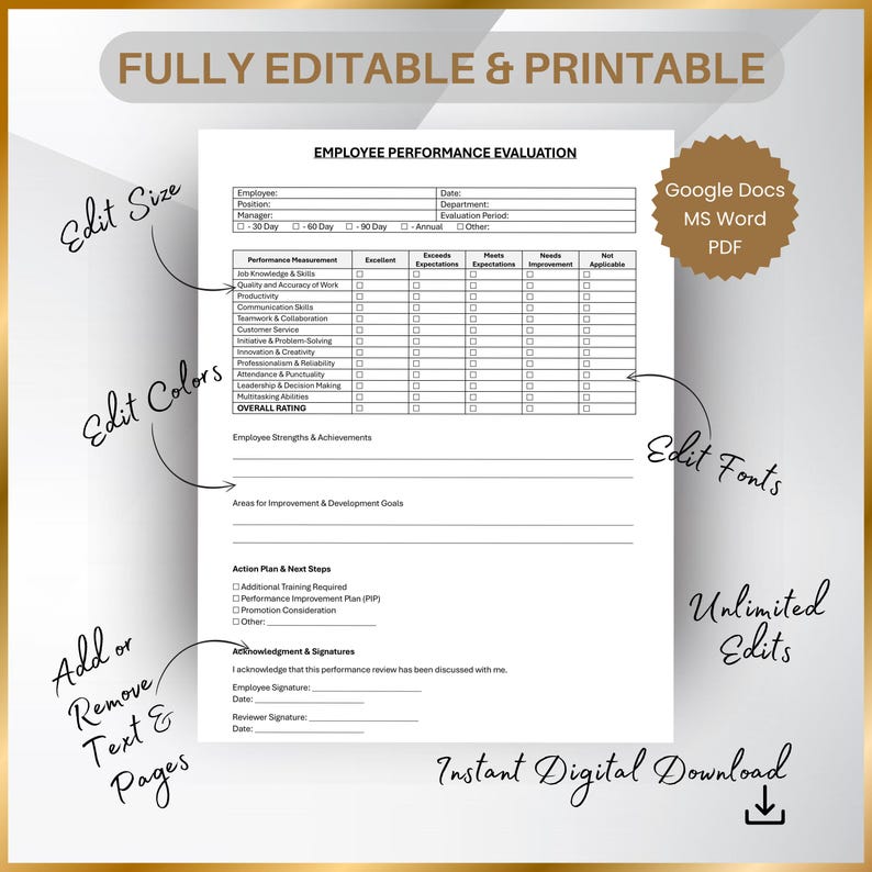 Employee Performance Review Form: Editable HR Appraisal (PDF, Word, Google Docs) - Etsy