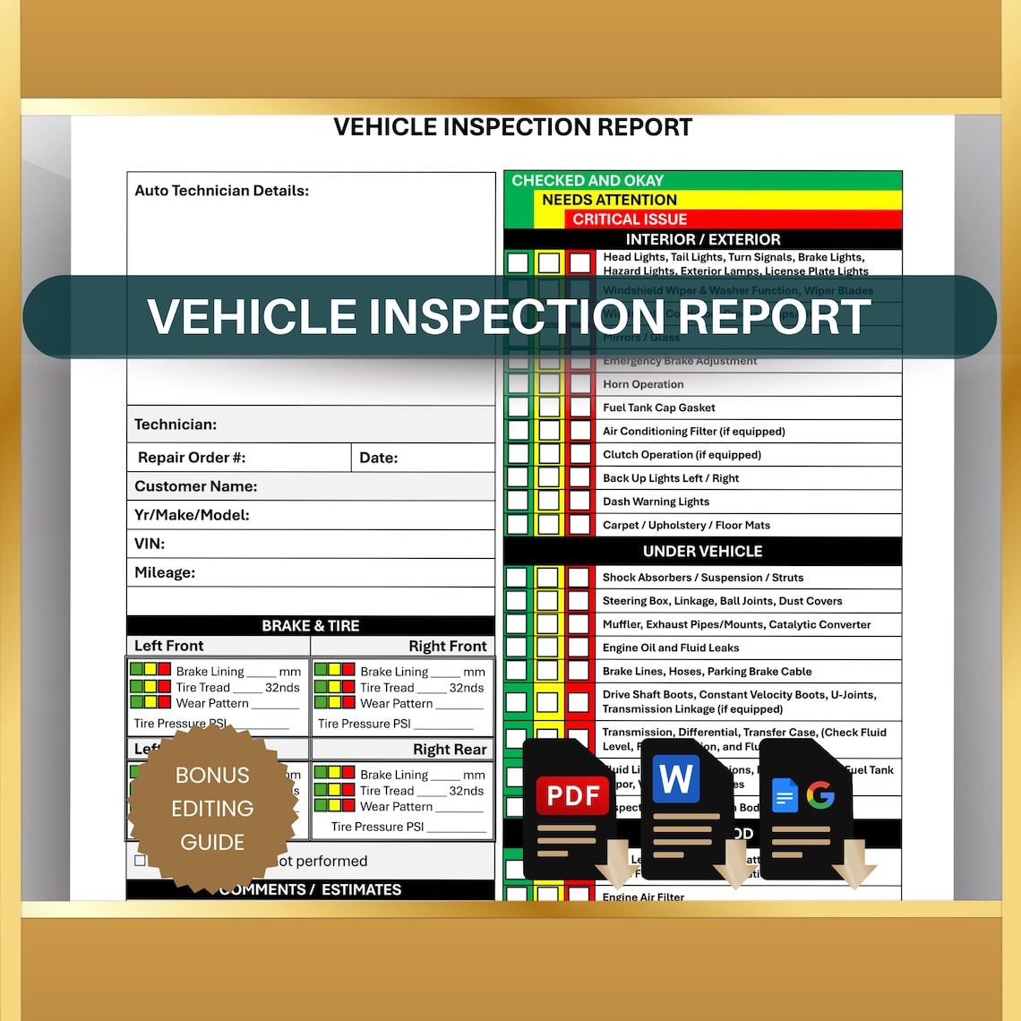 Vehicle Inspection Report, Auto Repair Checklist, Mechanic Inspection ...