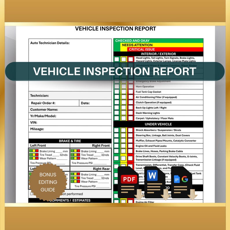 Vehicle Inspection Report, Auto Repair Checklist, Mechanic Inspection ...