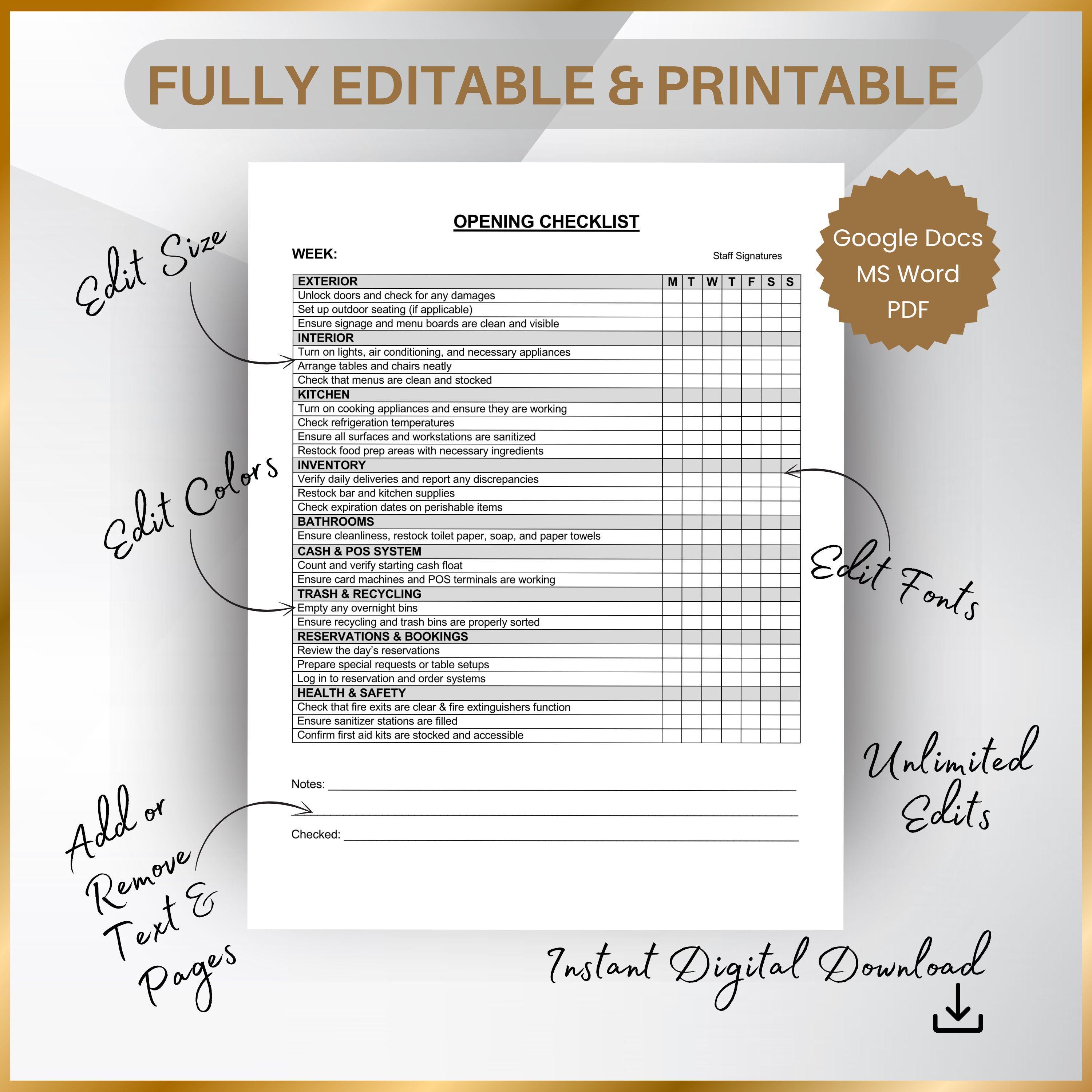 Restaurant Opening & Closing Checklist, Server Side Work List ...