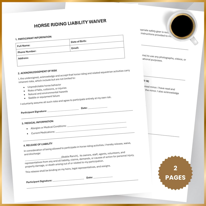Horse Riding Liability Waiver: Equine Release Consent Form (printable ...