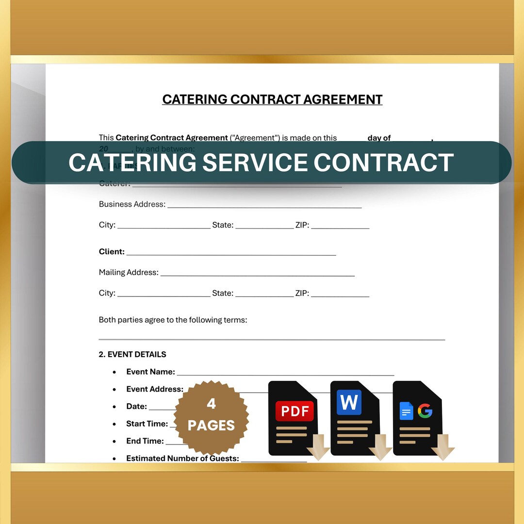 Catering Contract Template, Editable Event Agreement, Food Service List, Catering Services ...