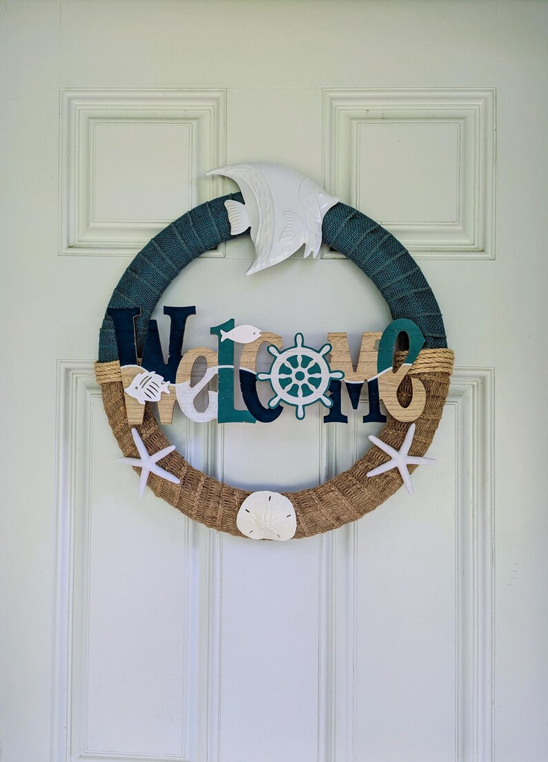 Nautical Welcome Wreath: Seashells, Rope & Weathered Sign - Etsy