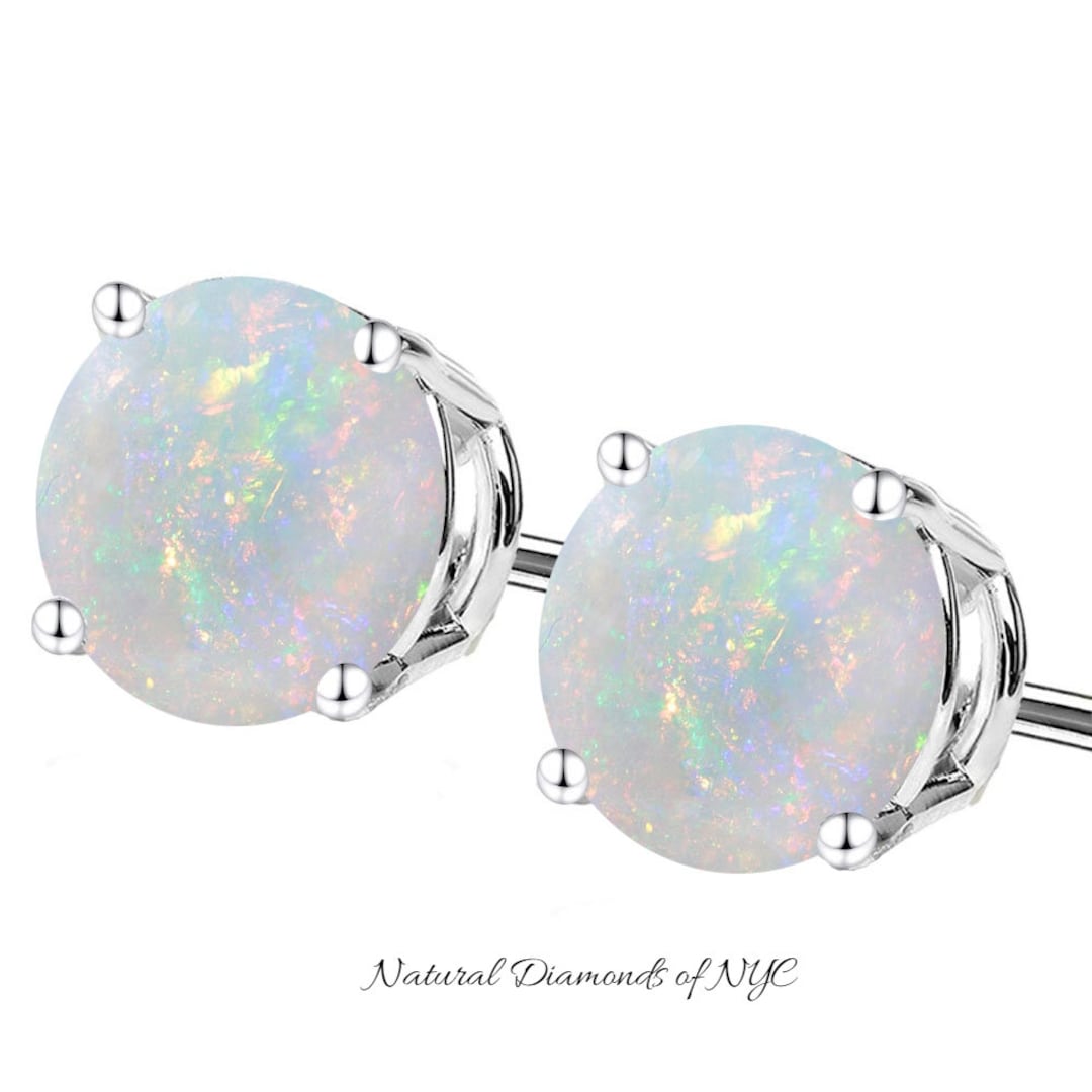 White Opal Stud Earrings in 14K Solid Gold, Prong Set White Opal Studs ...