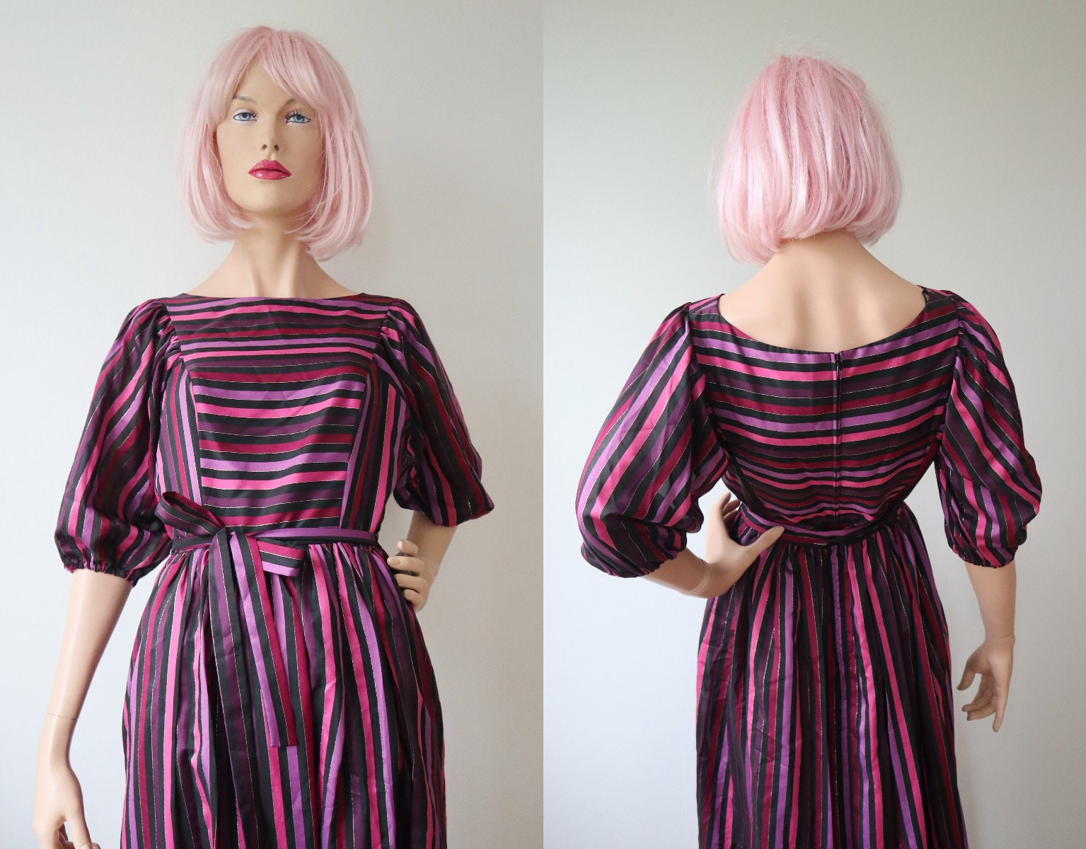 Striped 80s Maxi Dress in Red/purple Colors & Silver Line // Belted ...