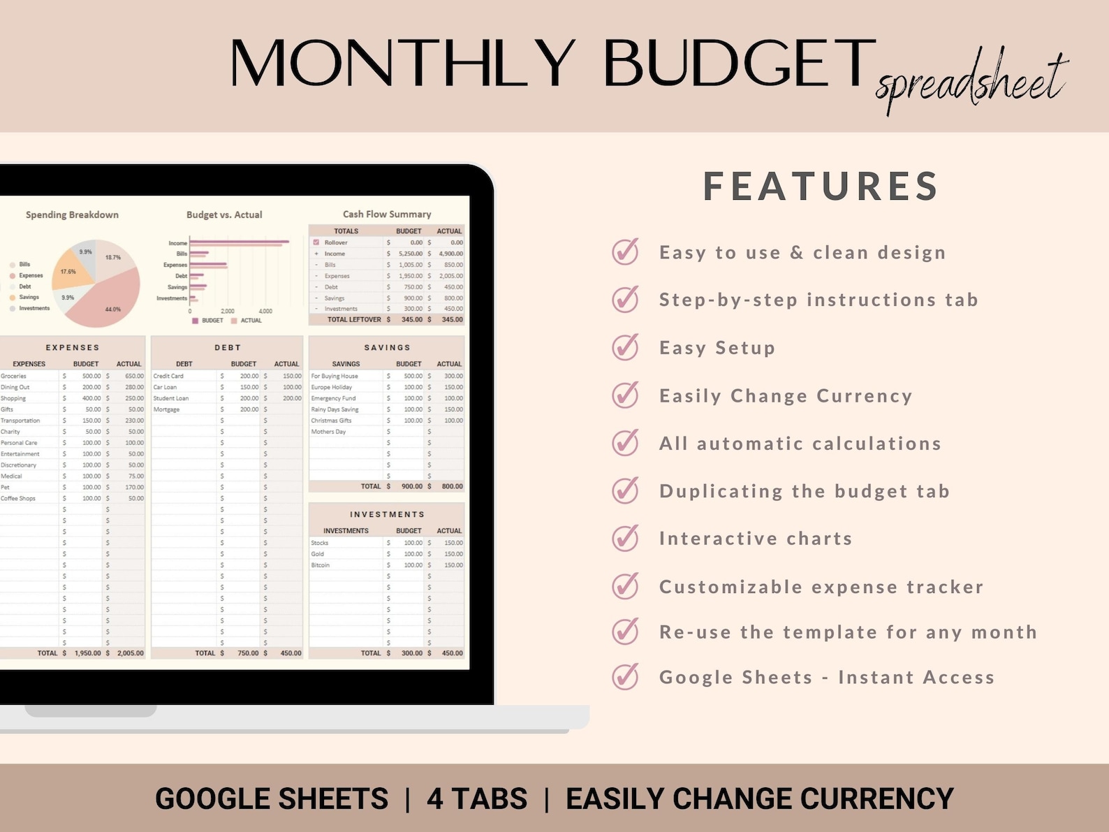 Monthly Budget Spreadsheet. Google Sheets Budget Template. Personal ...