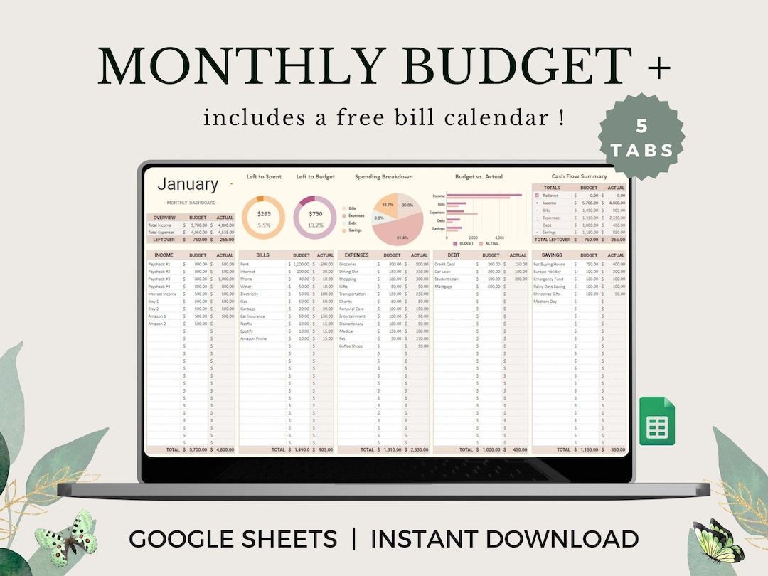Monthly Budget Spreadsheet, Google Sheets Budget Template, Personal ...