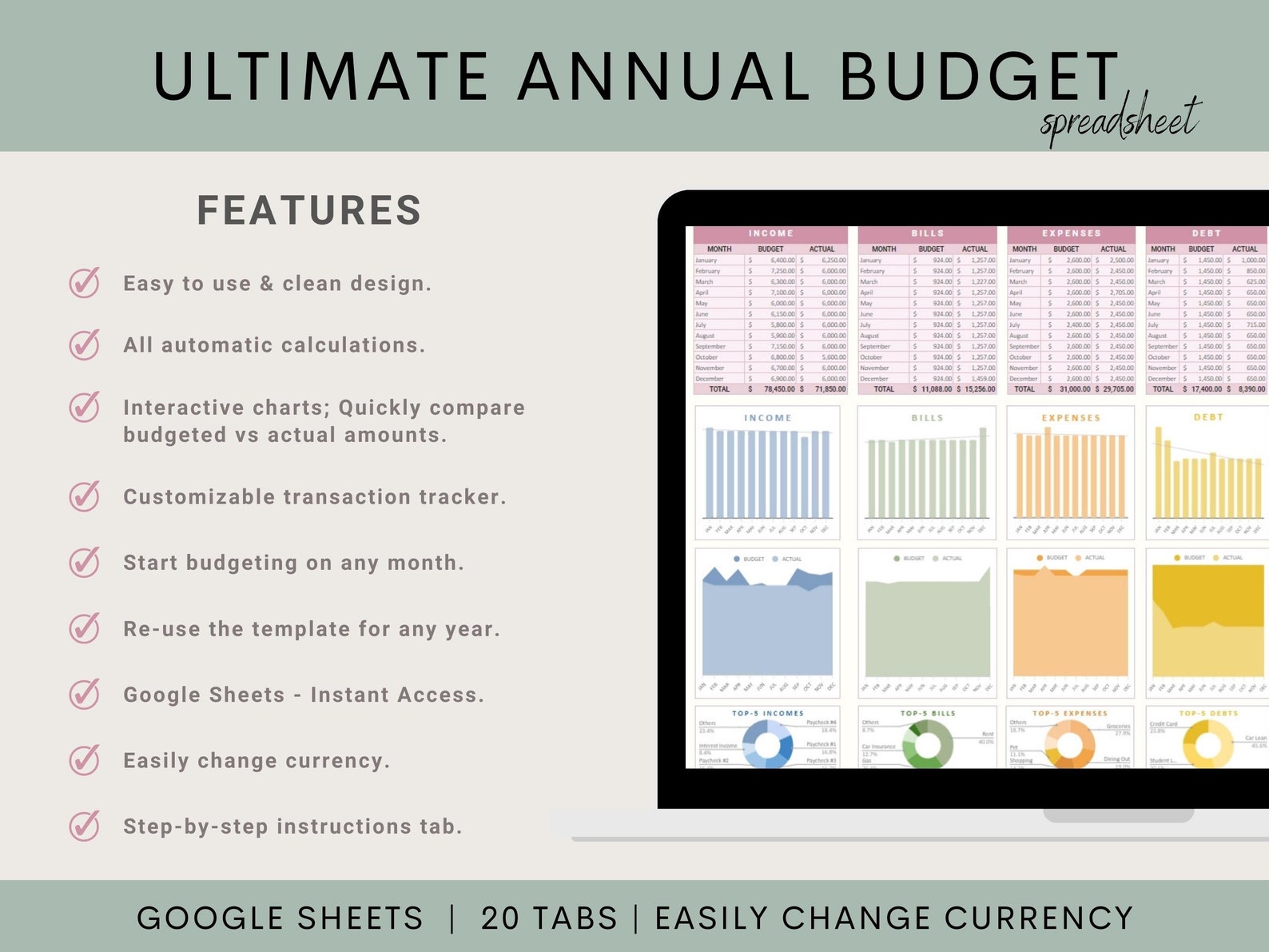 Annual and Monthly Budget Spreadsheet for Google Sheets With Account ...