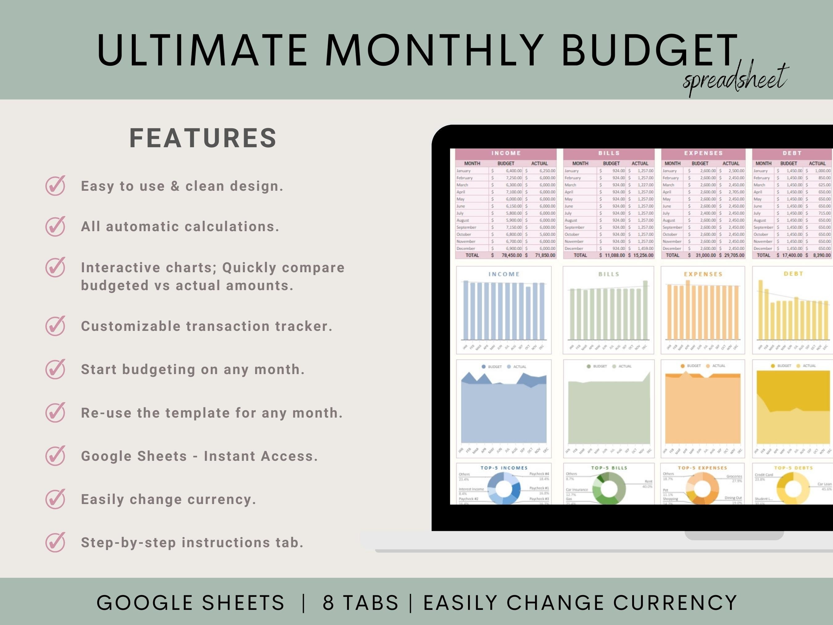 Monthly Budget Spreadsheet, Google Sheets Budget Template, Monthly ...