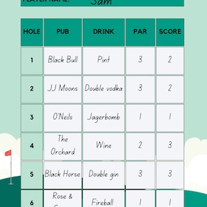 Pub Golf/bar Golf Score Card/template (instant Download) Printable ...