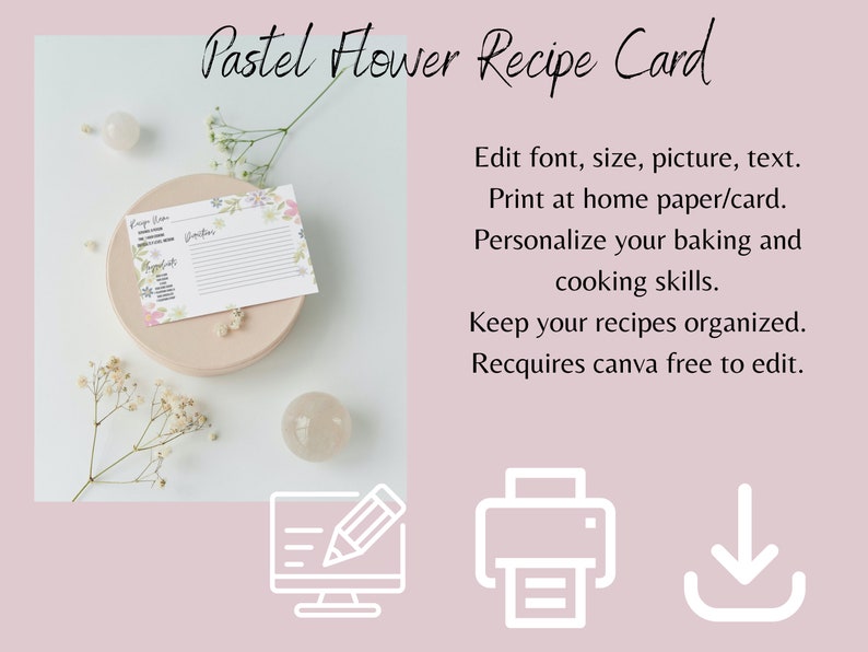 Editable Recipe Card Template, Flower Menu Card, Minimalist Recipe Card ...