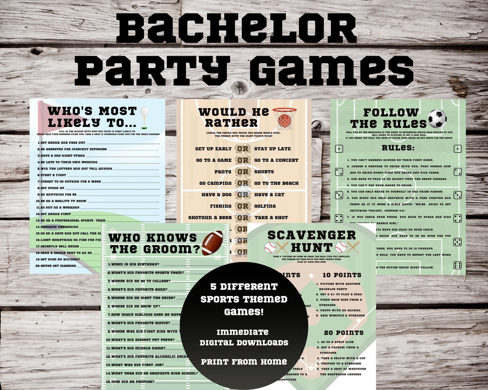 Bachelor Party Games, Sports Themed Bachelor Party, Scavenger Hunt, Who ...