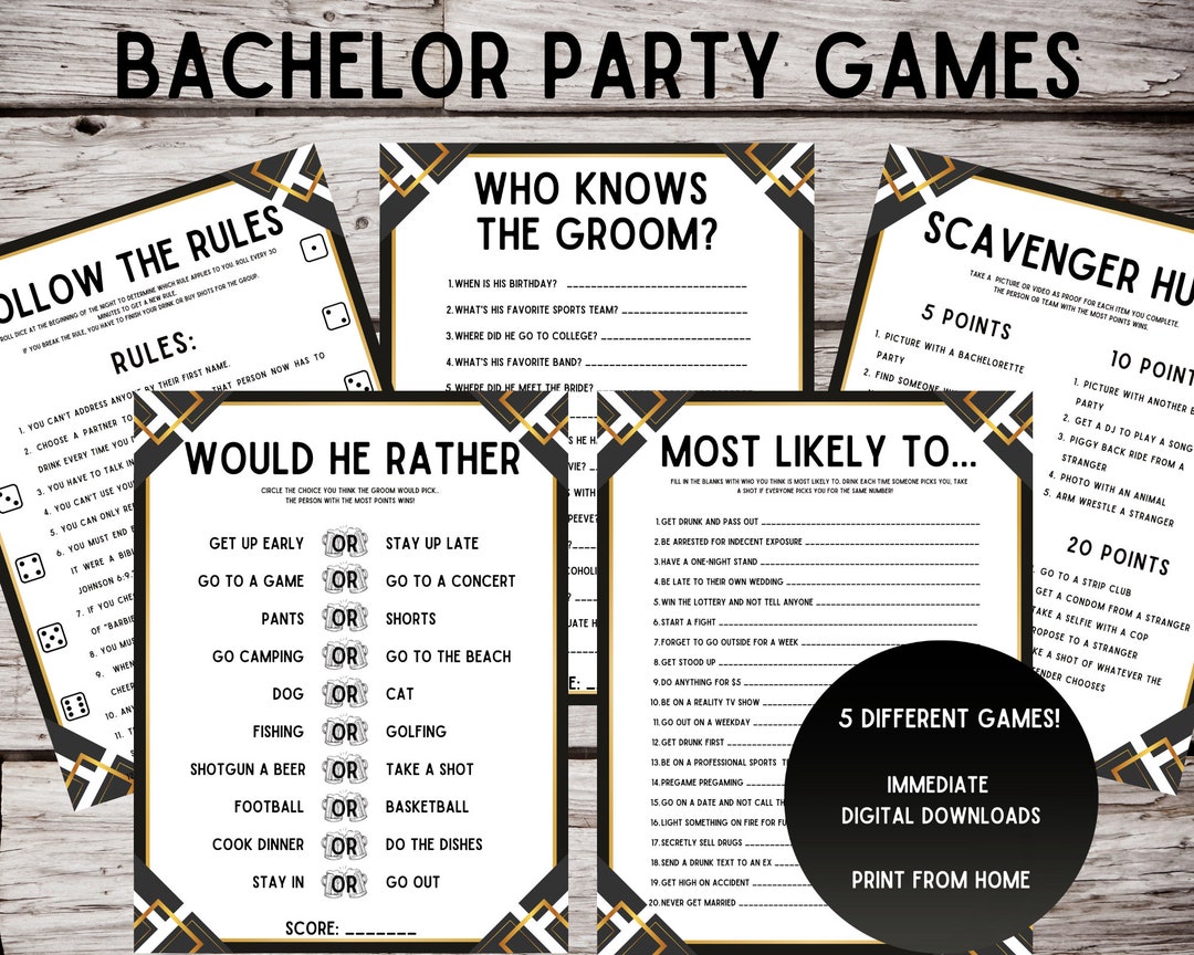 Bachelor Party Games, Black and Gold Design, Scavenger Hunt, Who Knows ...