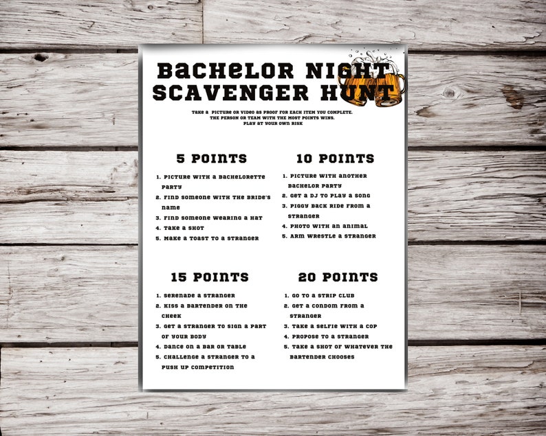 Bachelor Party Games, Bachelor Party Scavenger Hunt, Scavenger Hunt ...