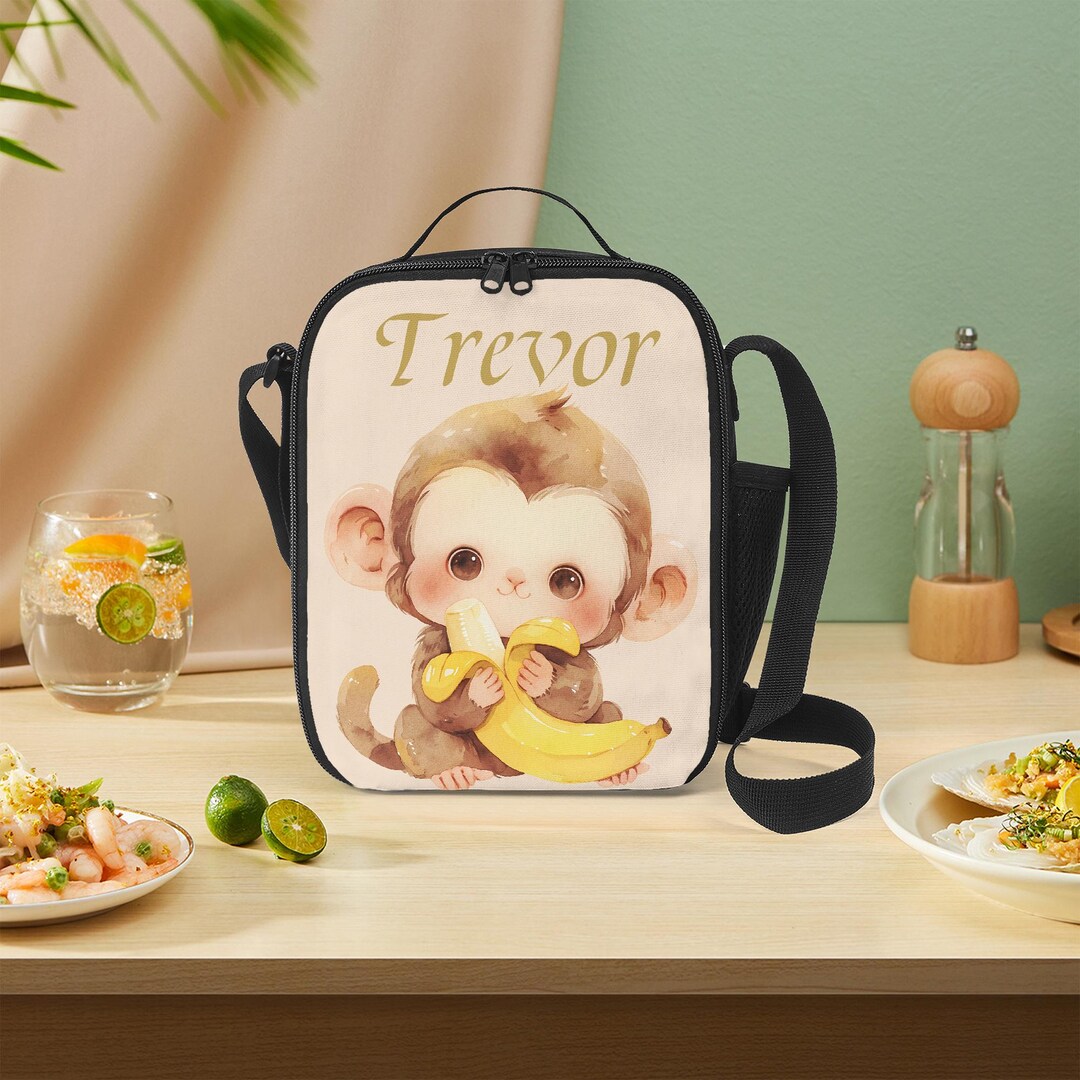 Personalized Monkey Lunch Bag for Kids - Custom Name Watercolor Animal ...