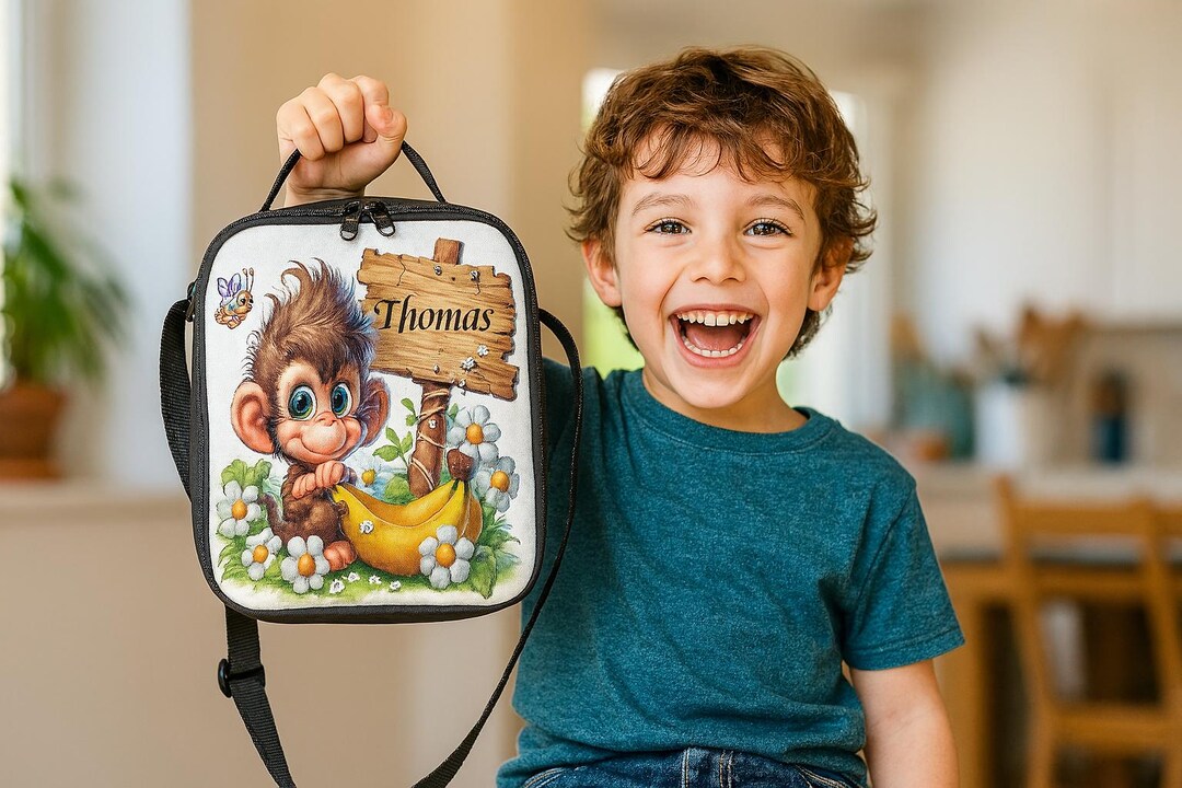 Personalized Kids Monkey Lunch Bag - Custom Name Insulated Lunch Box ...