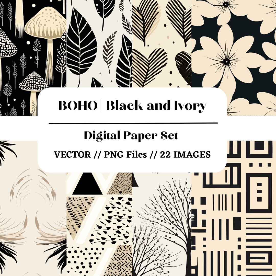 Black and Ivory Digital Paper Set Seamless Textures Boho - Etsy