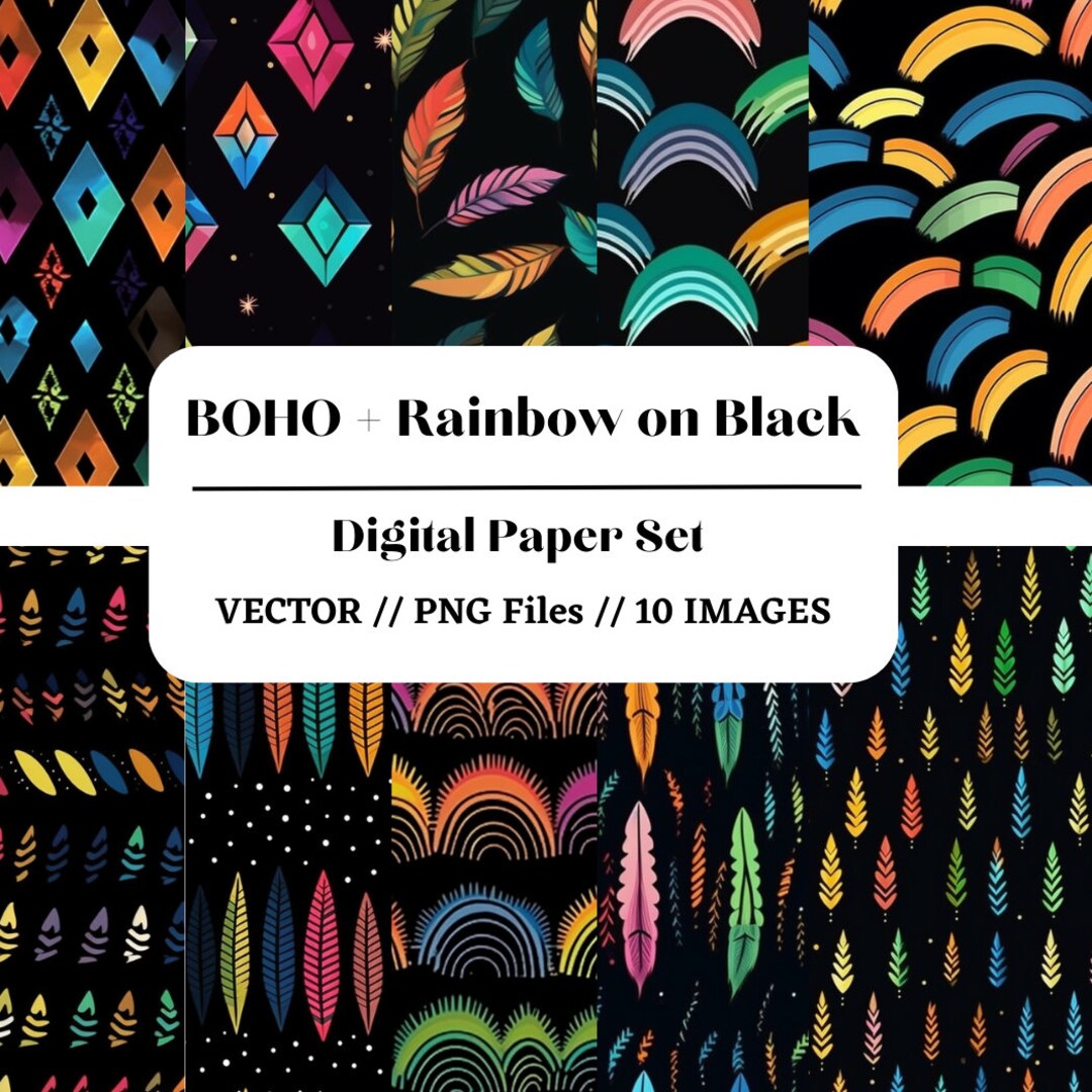 Boho Digital Paper Set Rainbow on Black Borderless Textures, Boho ...