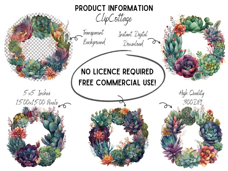 10 Succulent Wreath Watercolour Clipart Bundle - PNG Sublimation ...