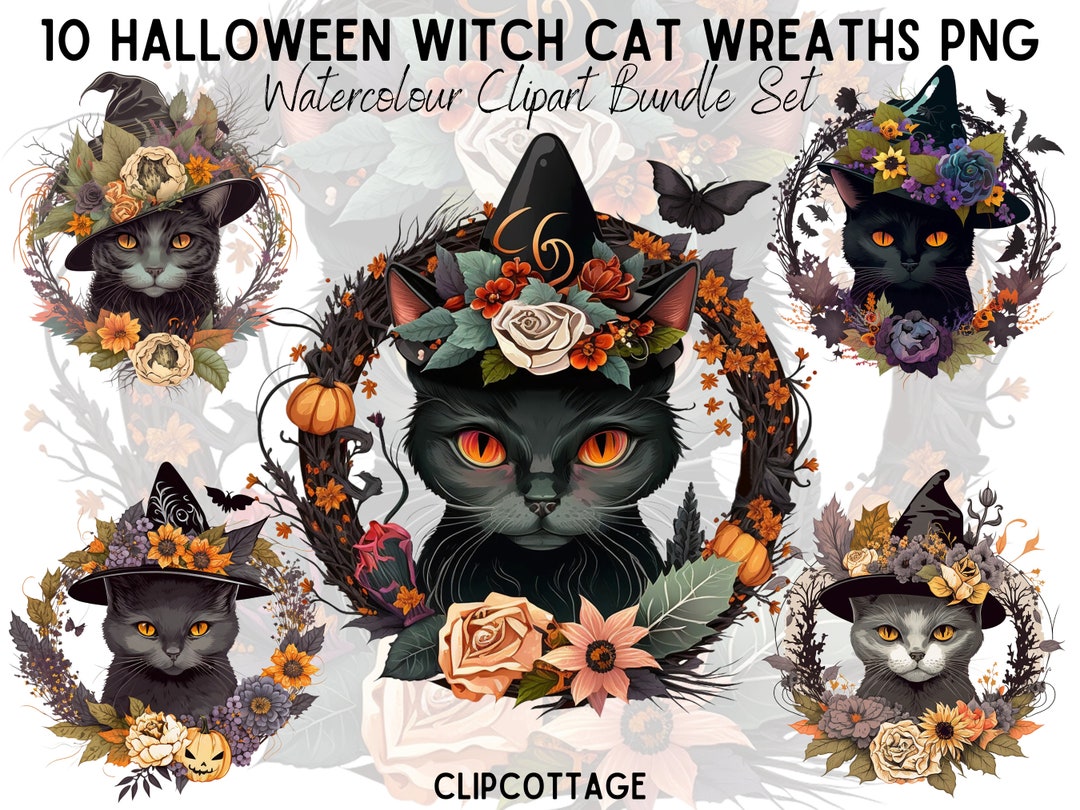 10 Halloween Witch Cat Wreath 2 Watercolour Clipart Bundle - PNG ...