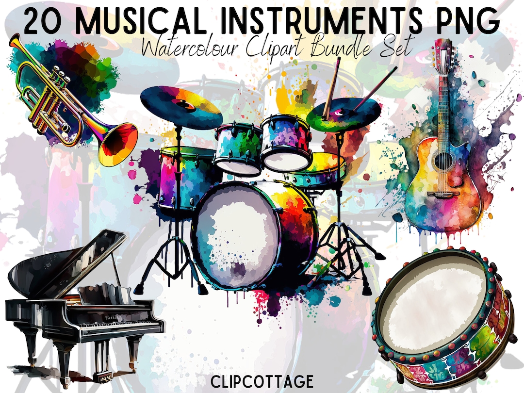 20 Musical Instruments Watercolour Clipart PNG Illustrations Bundle for ...