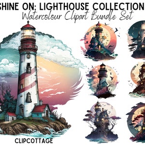 20 Lighthouses Clipart Bundle - Whimsical House PNG Sublimation Illustrations for Invitations ...