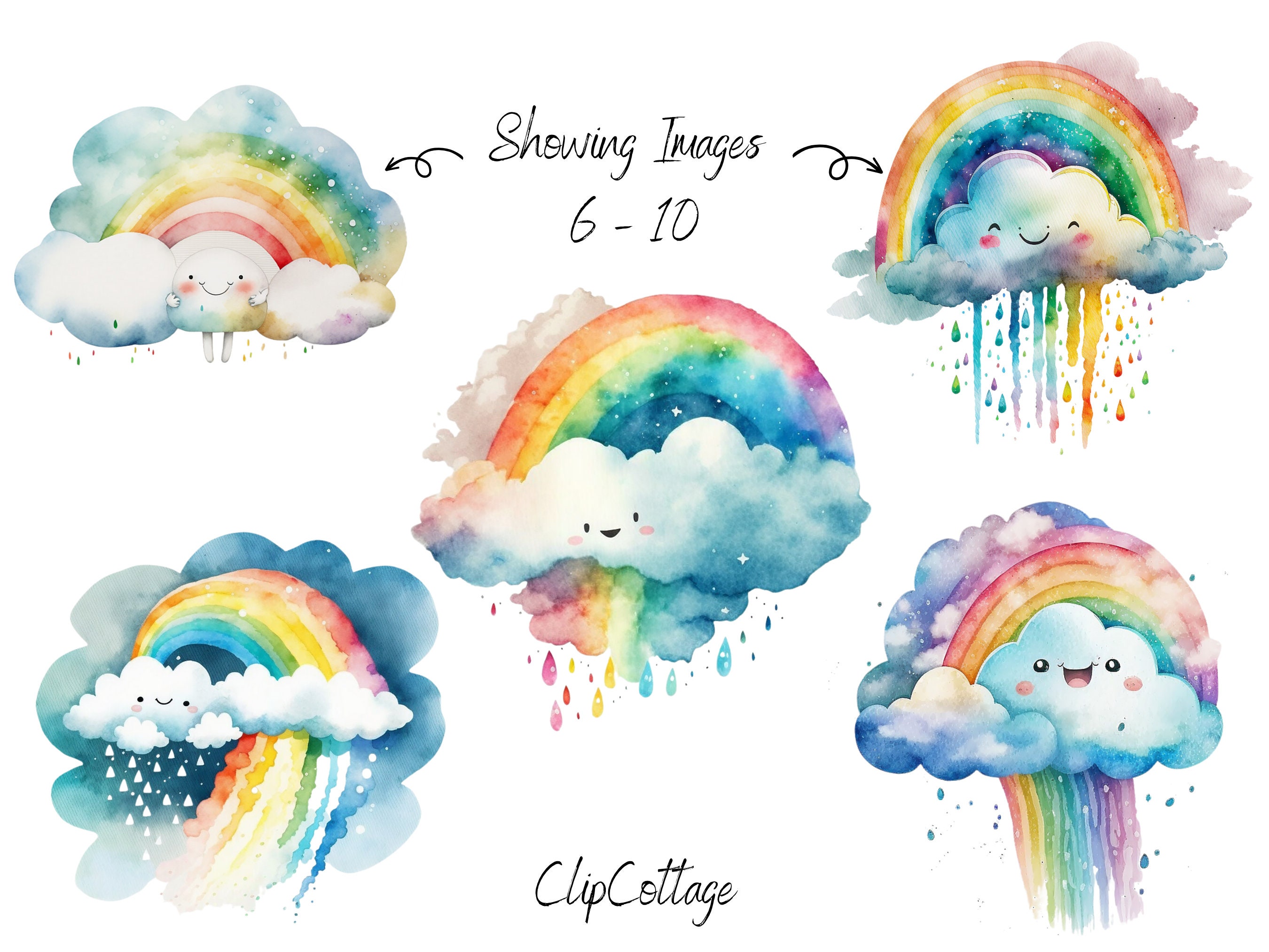 Cute Cloud and Rainbow Clipart PNG Sublimation Bundle | 20 Transparent ...