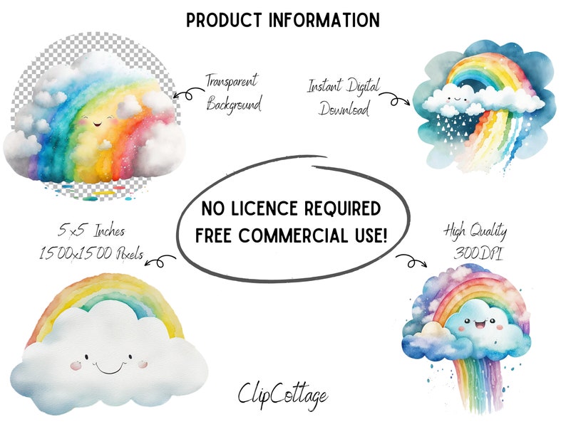 Cute Cloud and Rainbow Clipart PNG Sublimation Bundle | 20 Transparent ...