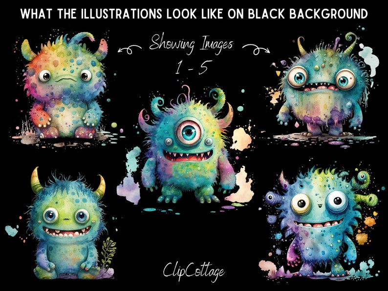 20 Cute Monsters Watercolour Clipart Bundle - PNG Sublimation ...