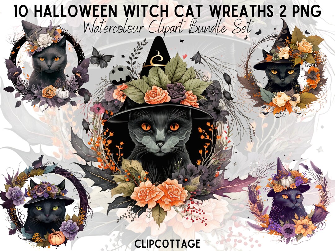 10 Halloween Witch Cat Wreath Watercolour Clipart Bundle - PNG ...