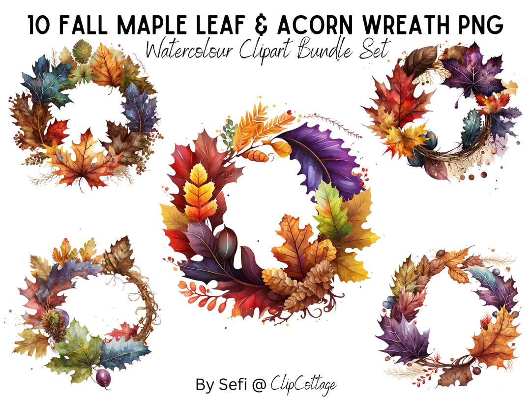 10 Fall Maple Leaf & Acorn Wreath Clipart Bundle PNG - Etsy