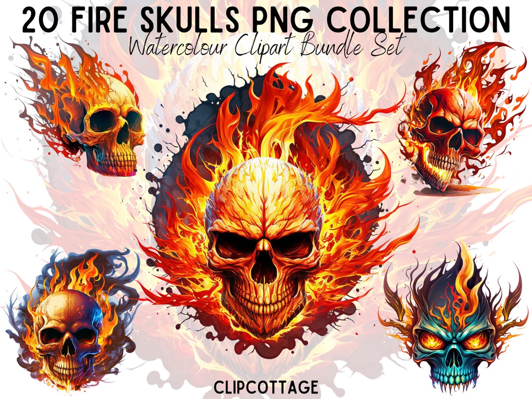 20 Fire Skulls Watercolour Clipart PNG Illustrations Bundle for ...