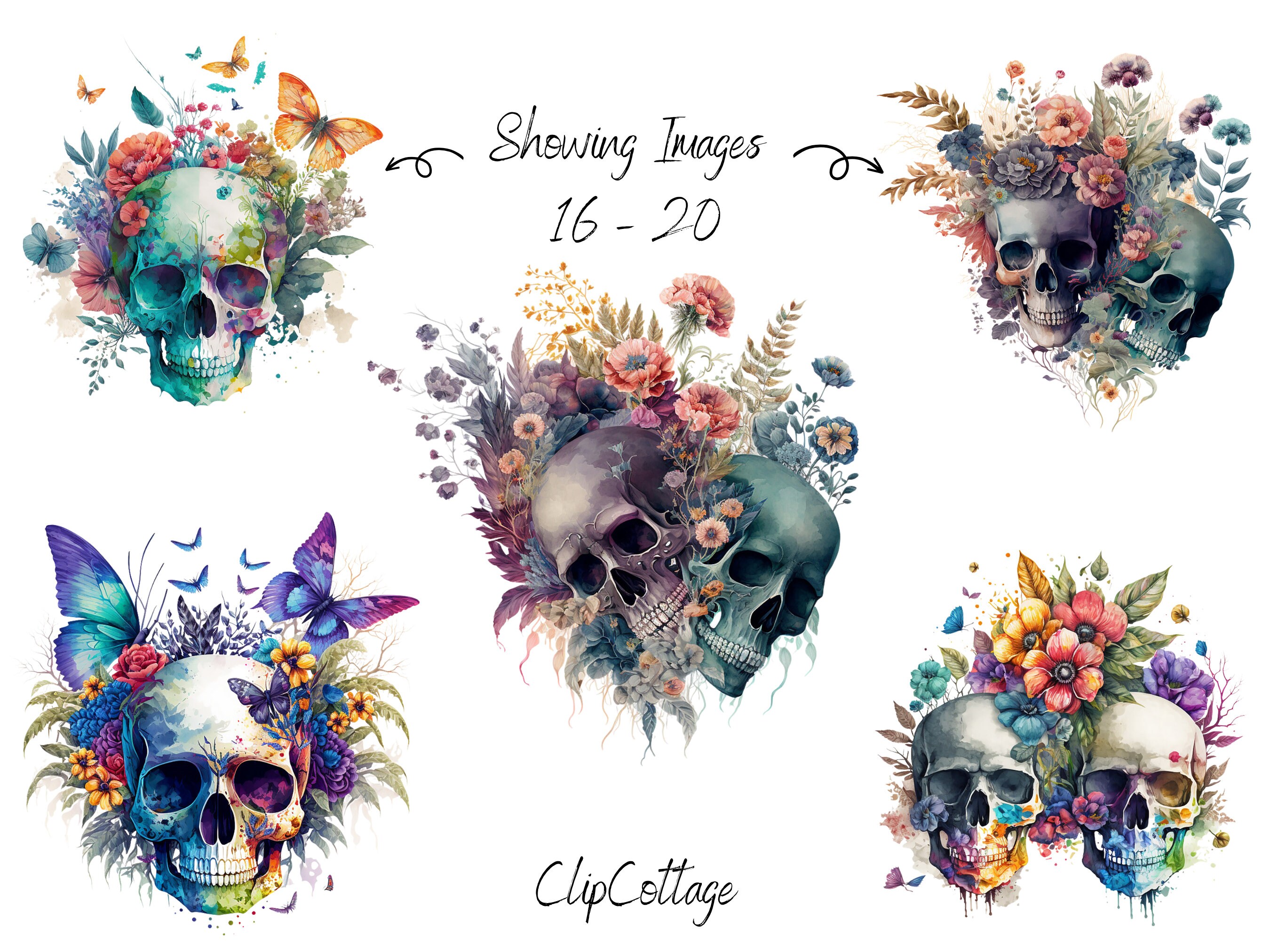 Floral Skulls Clipart PNG Sublimation Bundle | 20 Transparent Skulls ...