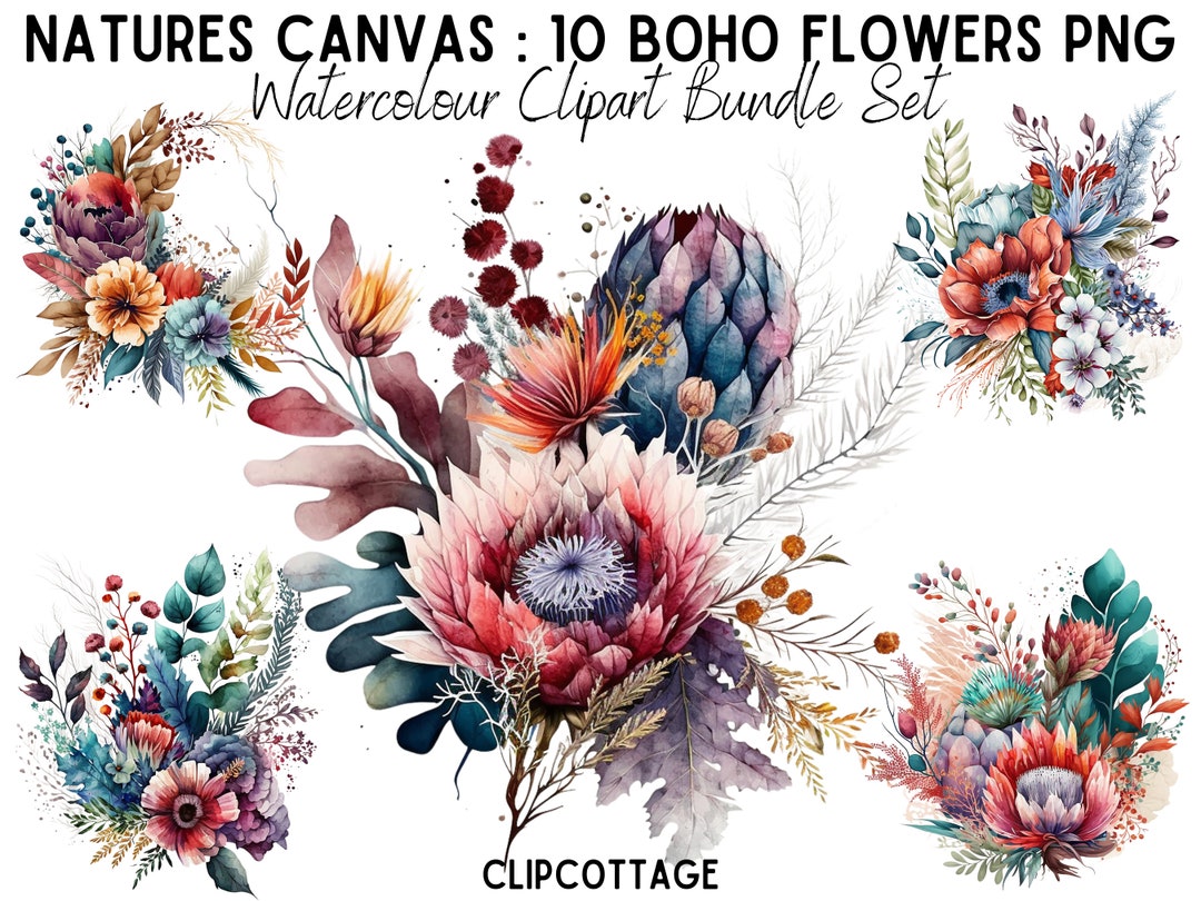 10 Boho Flowers Clipart Bundle - PNG Sublimation Illustrations for ...