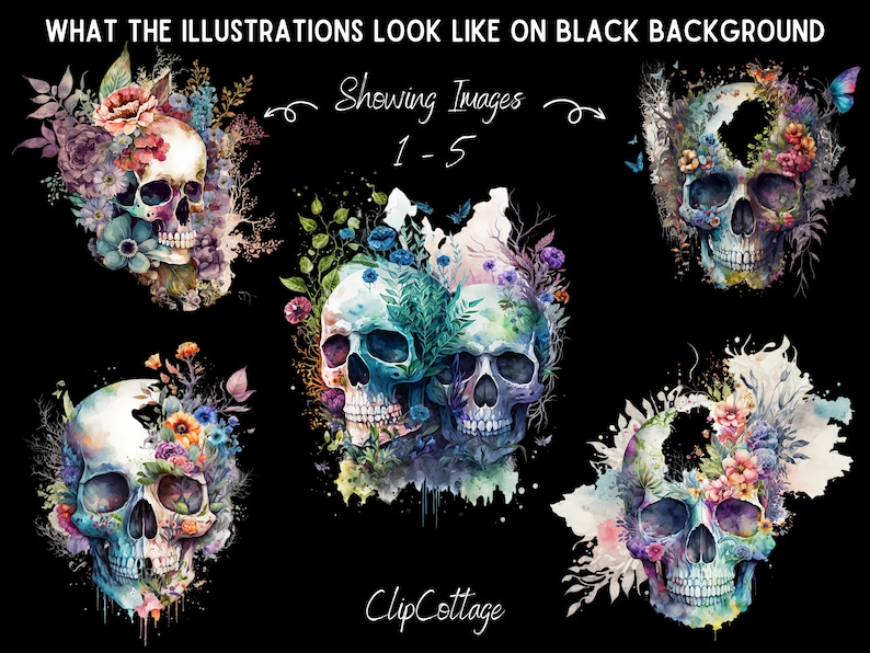 Floral Skulls Clipart PNG Sublimation Bundle | 20 Transparent Skulls ...