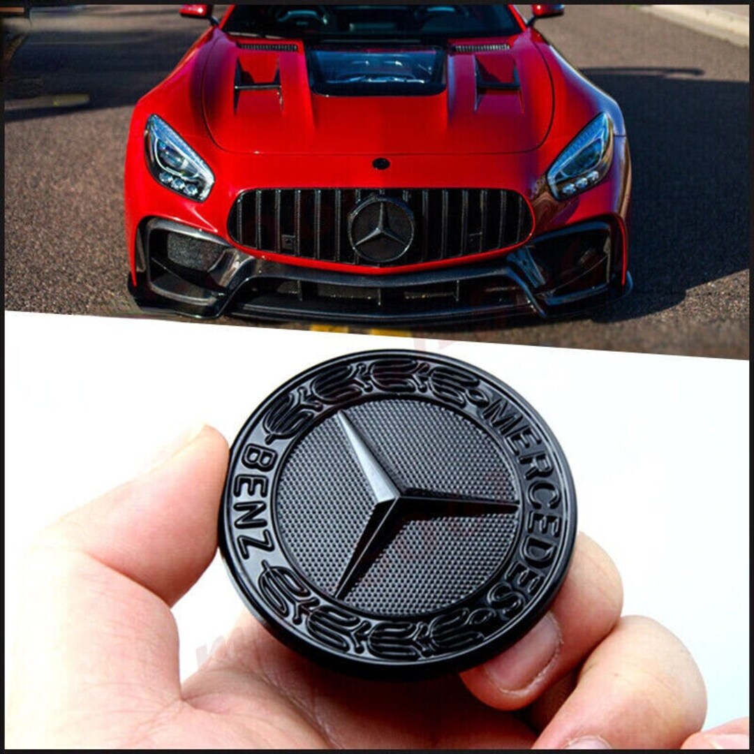 For Mercedes-benz Logo Bonnet Badge Glossy Black Flat Front Emblem 57mm ...