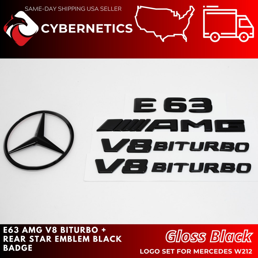 E63 AMG V8 BITURBO Rear Star Emblem Black Badge Combo Set for Mercedes ...