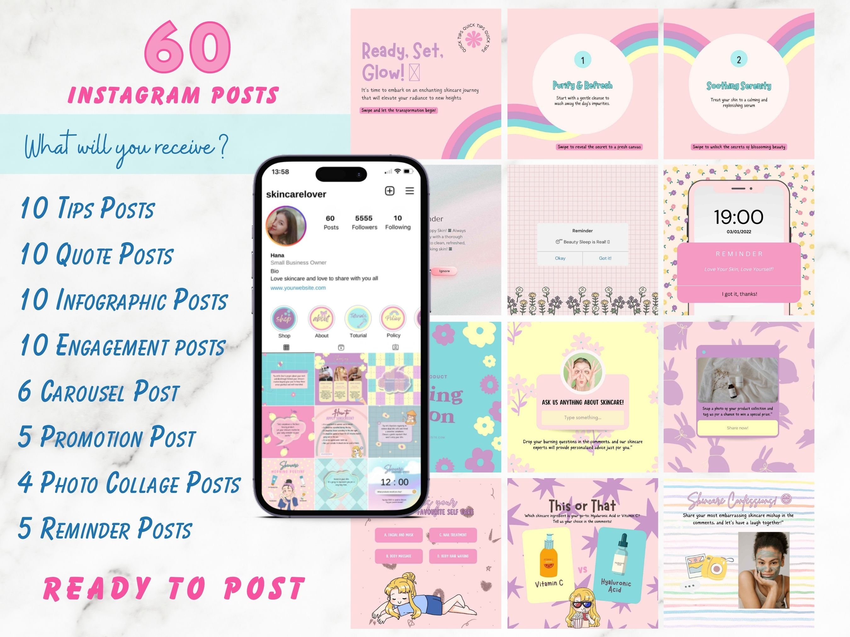 Skincare Posts Bundle 60 Instagram Feed 40 Story 12 Highlights Editable ...
