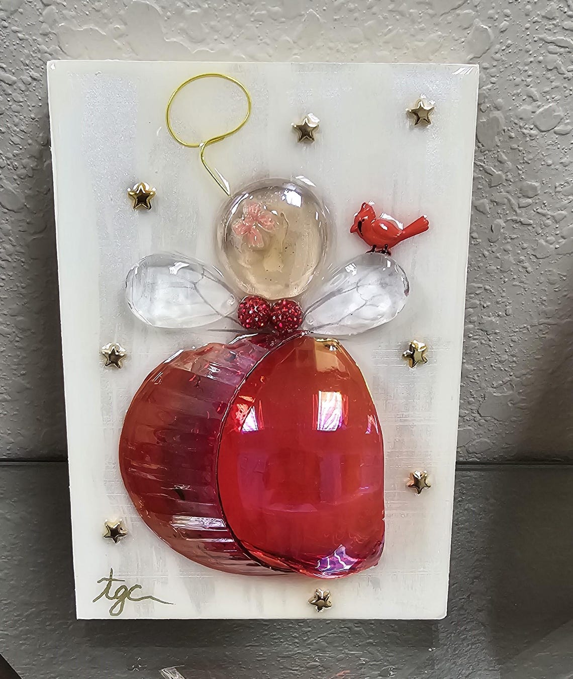 Angel Red Cardinal Glass Resin Art Nursery Baby Gift Christmas Handmade ...