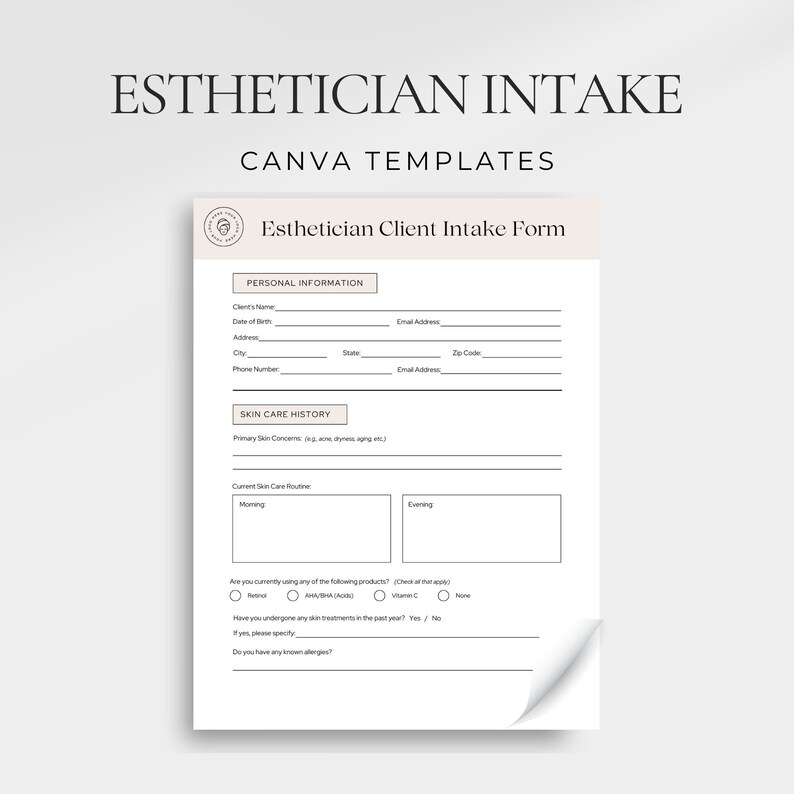 Esthetician Intake Forms, Canva Template, Customize and Print ...