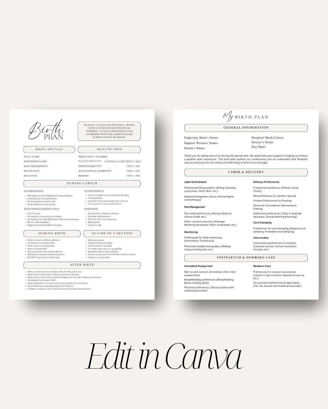 Comprehensive Birth Plan, Canva Template: Printable Birthing Planner ...