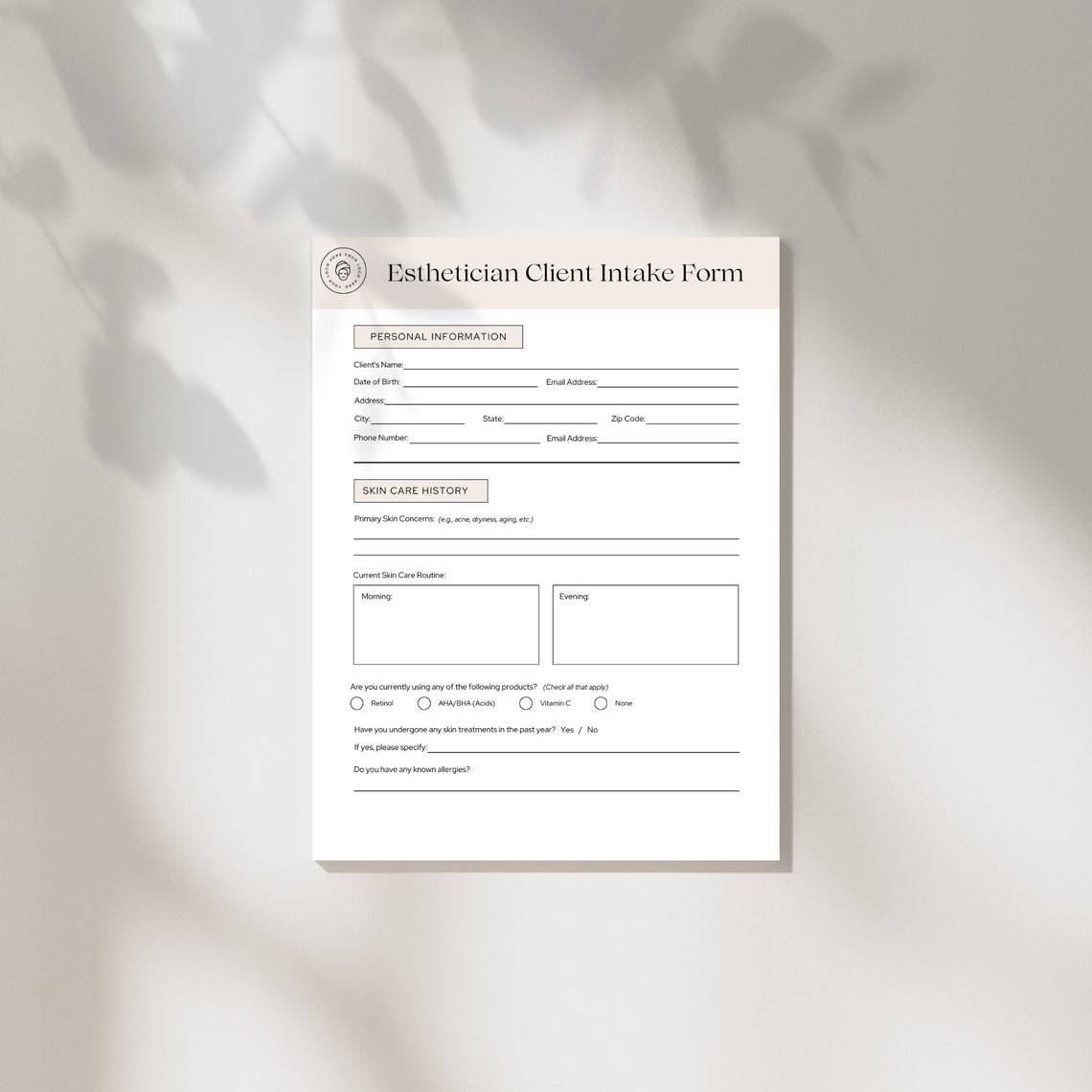 Esthetician Intake Forms, Canva Template, Customize and Print ...