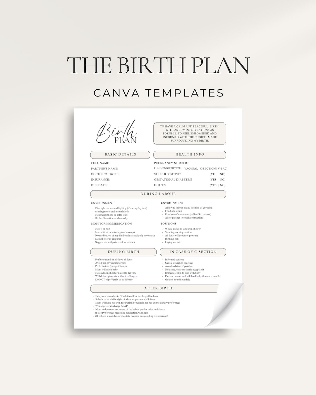 Comprehensive Birth Plan, Canva Template: Printable Birthing Planner ...