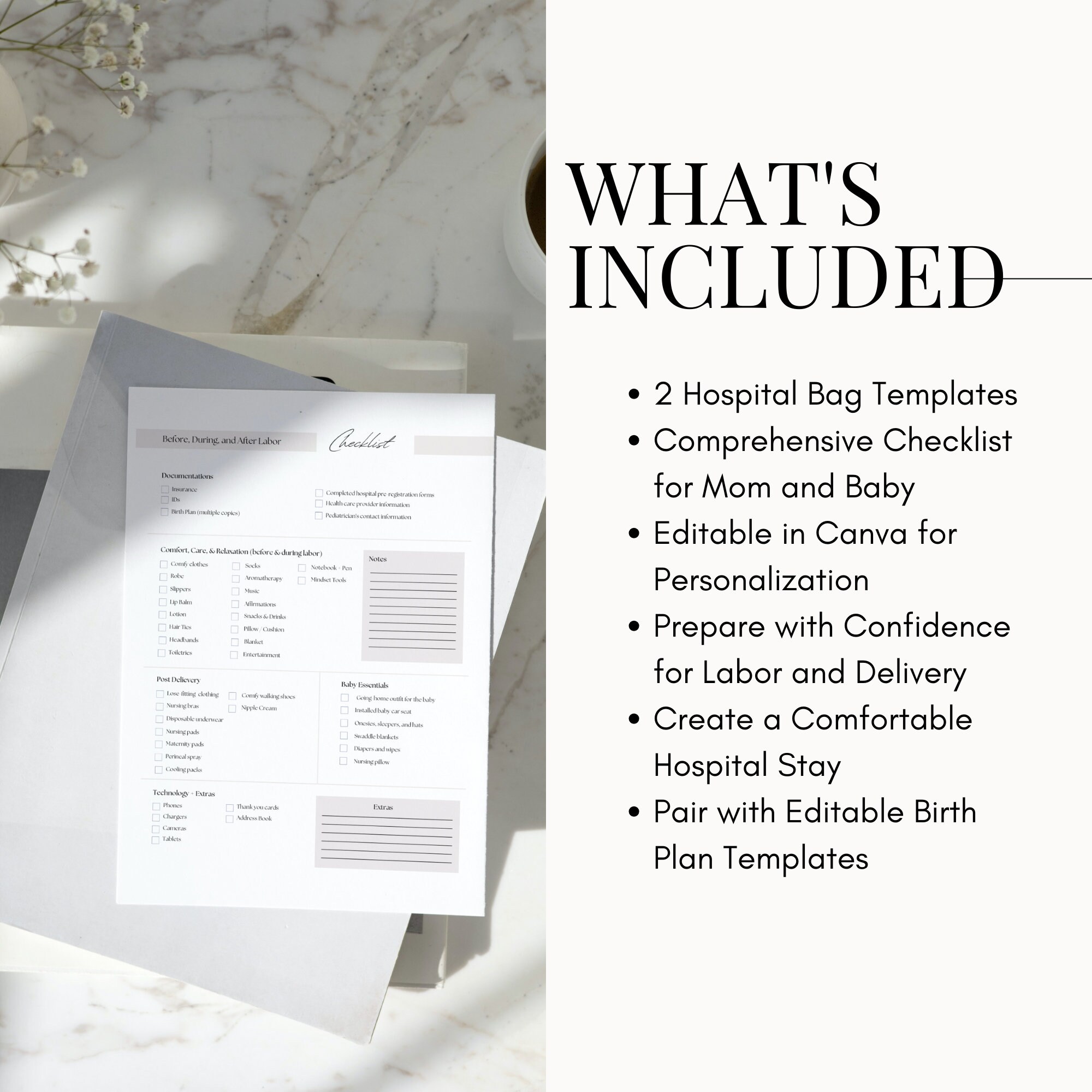 Hospital Bag Checklist, Canva Template, Birth Planning, Labor Plan, New ...