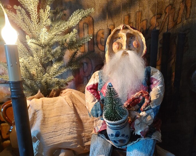 Handmade Primitive Sitting Santa W/salt Glazed Crock, Tree, Candy Cane ...