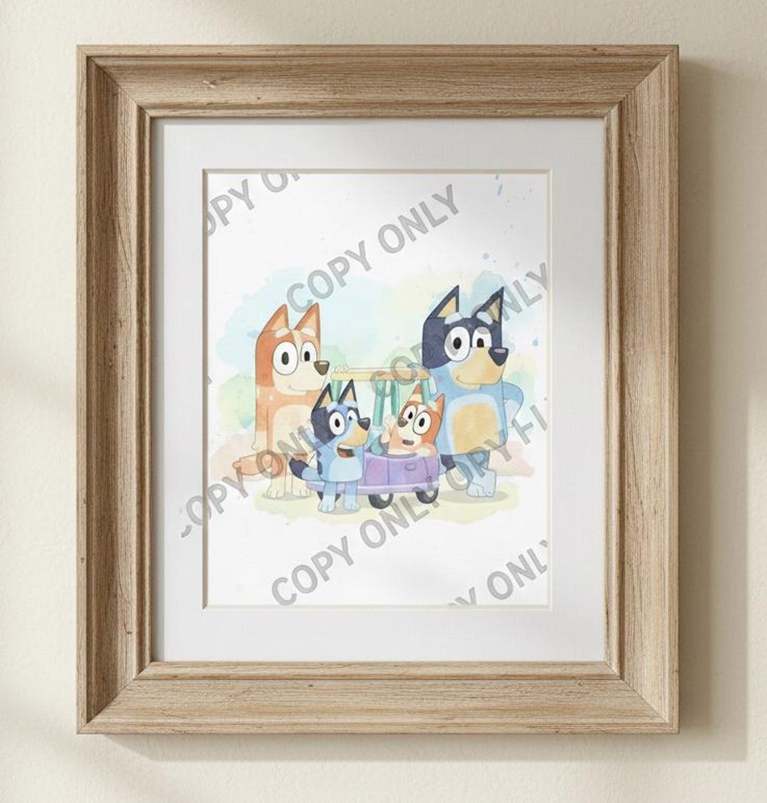 Bluey Family Watercolor Print – Minimalist Hand-drawn Nursery Wall Art ...