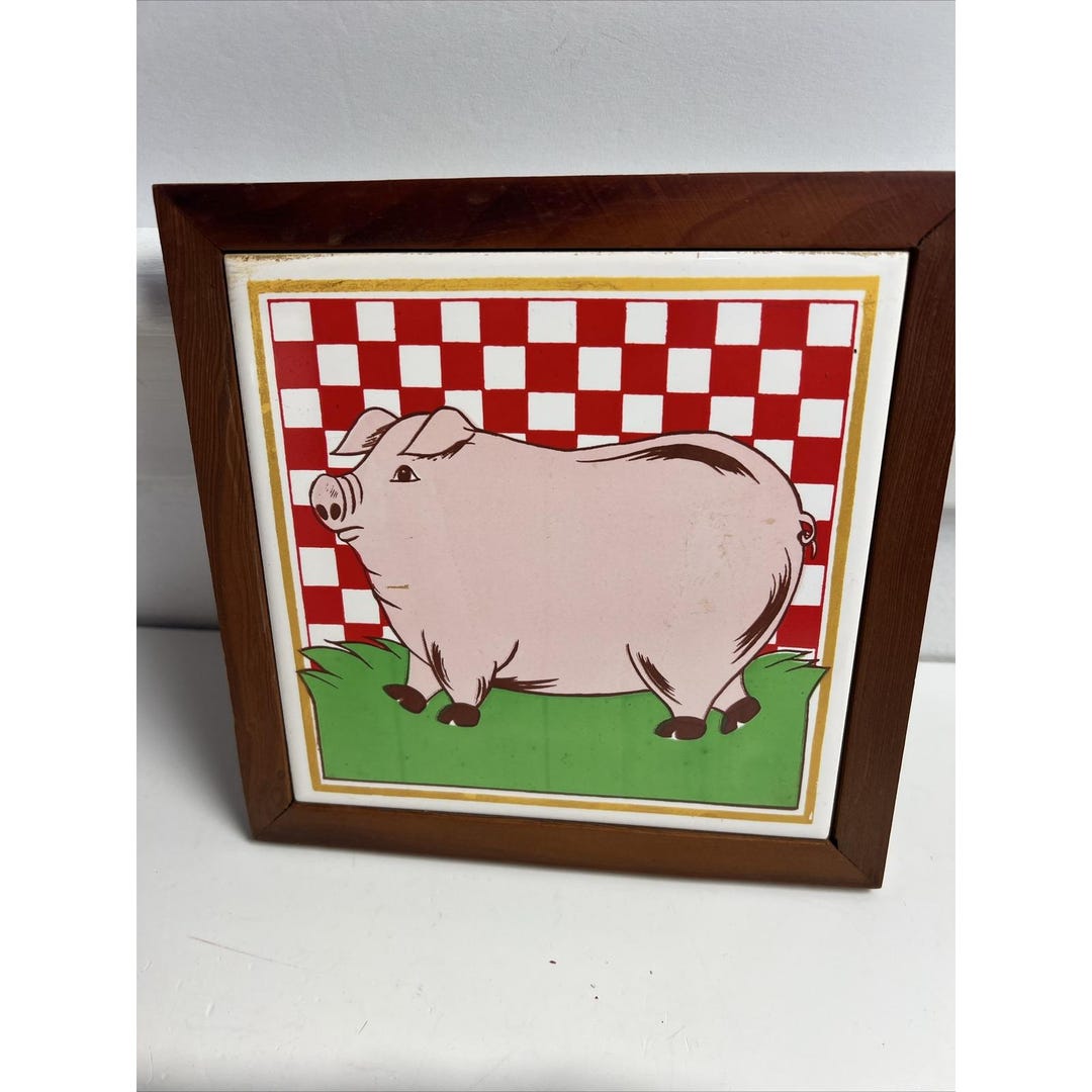 Davar VTG Ceramic Tiles W/wood Frame Trivets Wall Decor Pig Farmhouse ...