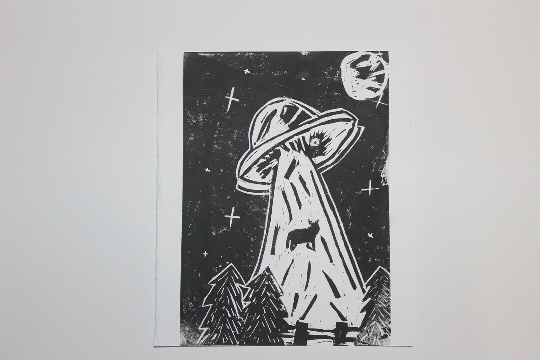 Space UFO Print Linocut Print - Etsy