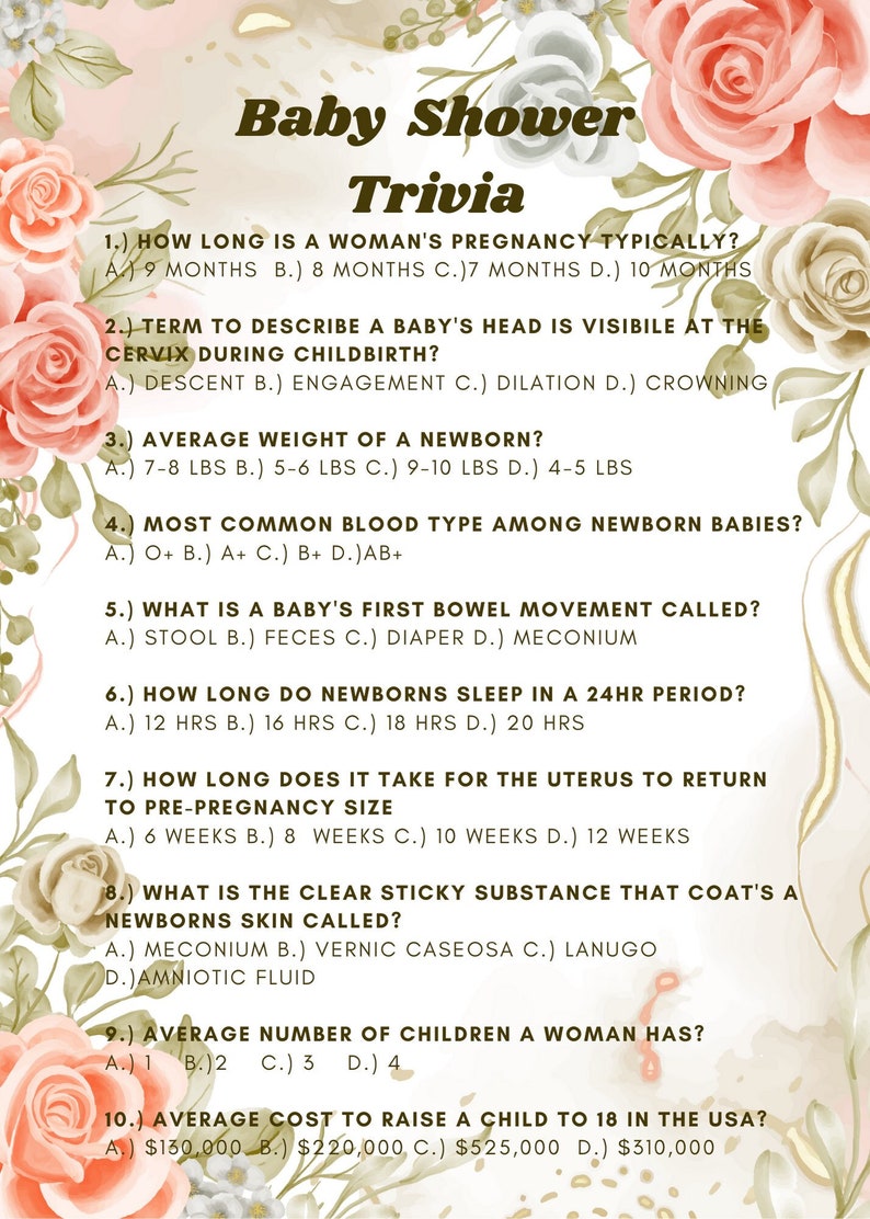Rose Themed BABY SHOWER TRIVIA Game Template Download and - Etsy