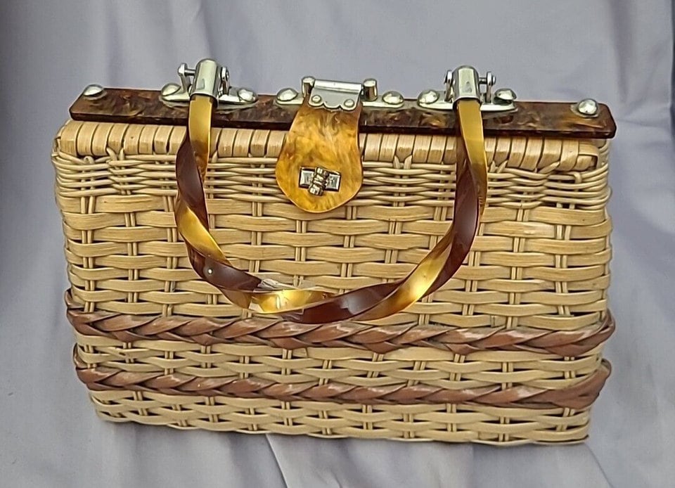 Vintage 1950-60s Coated Wicker Handbag Purse Lucite Top & Handle W ...